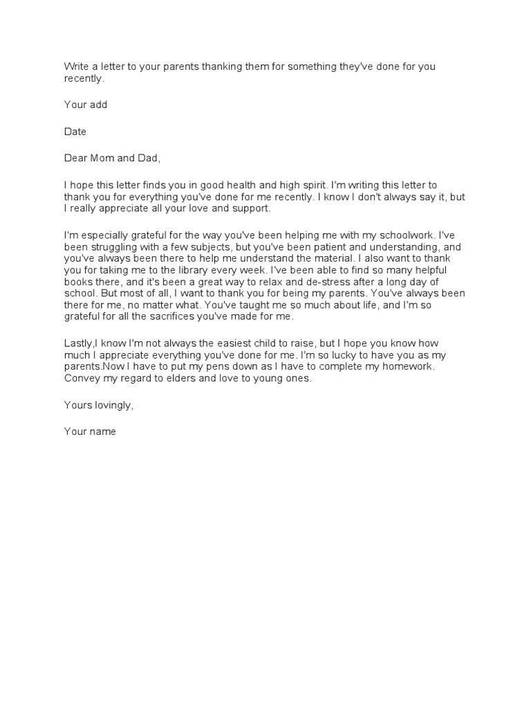 Write A Letter To Your Parents Thanking Them For Something They | PDF
