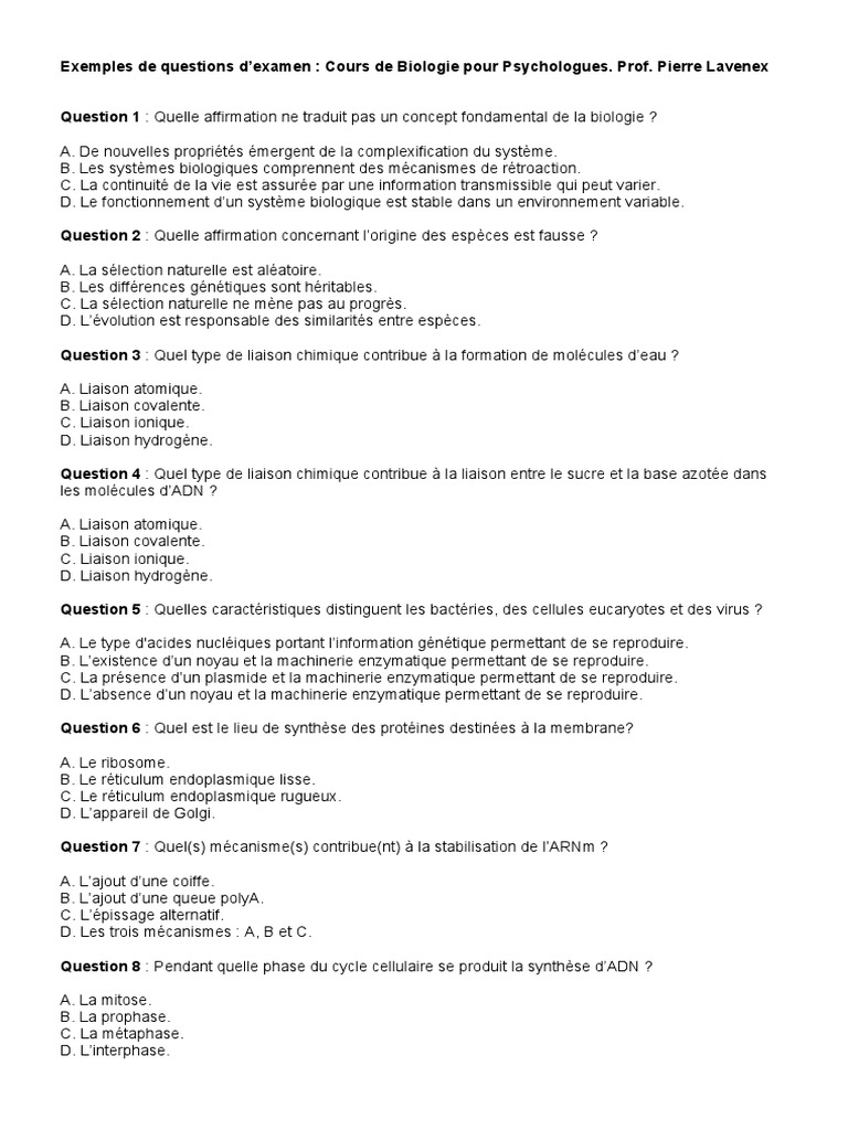 Bio QCM Exercice | PDF