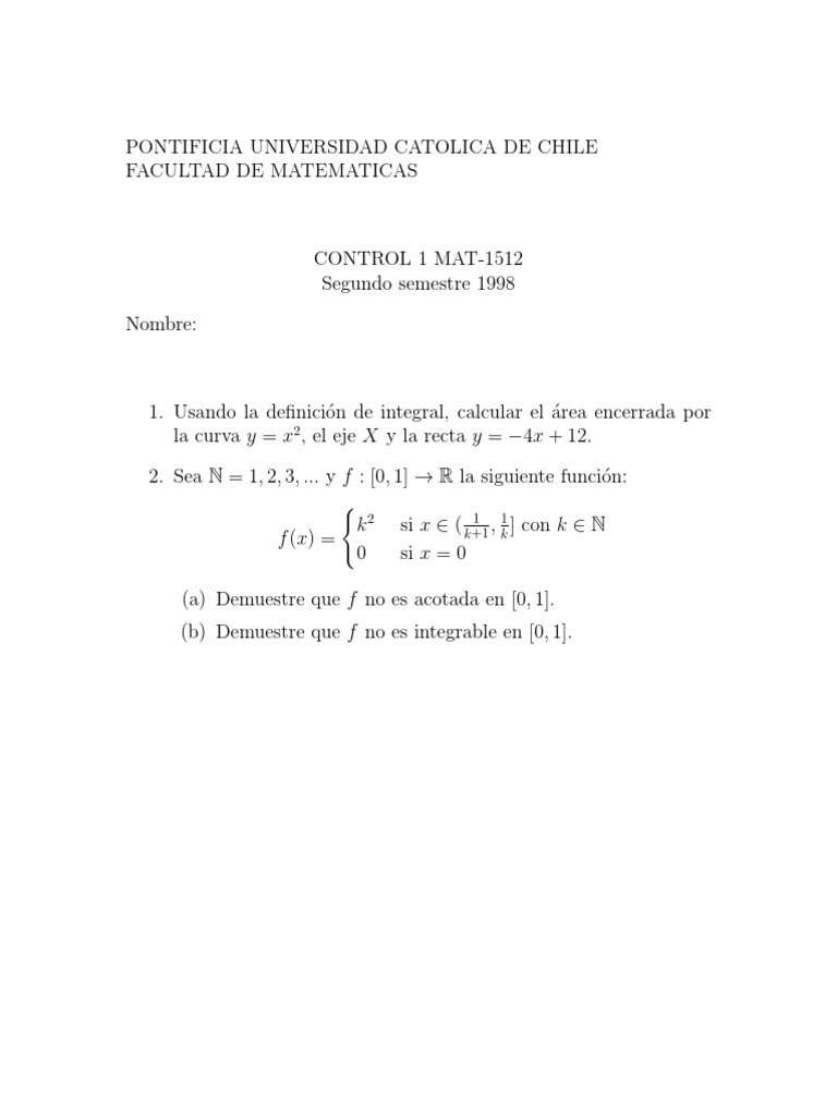 Pack Controles Calculo Integral UC (Segundo Semestre 1998) (Sergio Gutierrez) | PDF