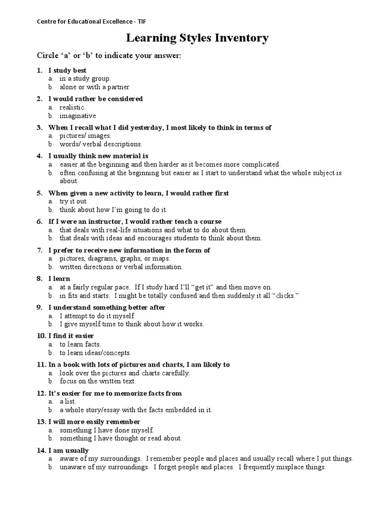 Learning Styles Inventory | PDF | Learning Styles | Learning