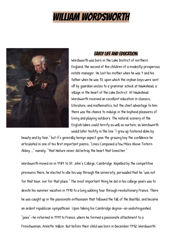 Bio-Sketch of William Wordsworth | PDF