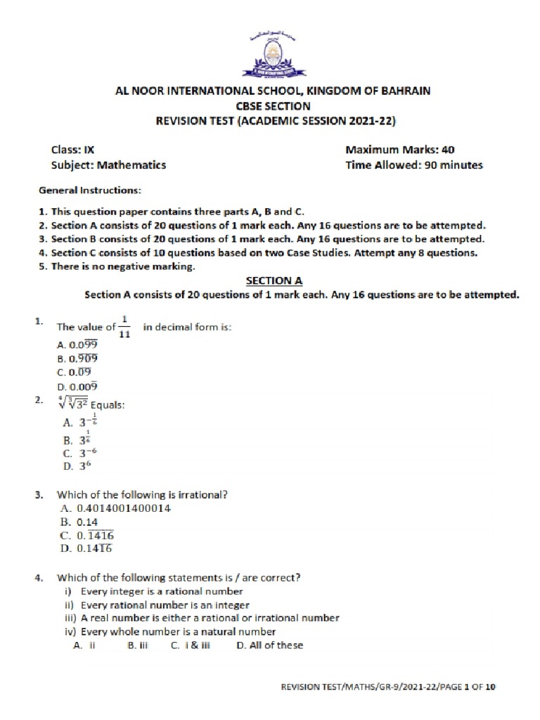 Grade 9-Revision Test-Maths-Final - Term-1-2021 | PDF