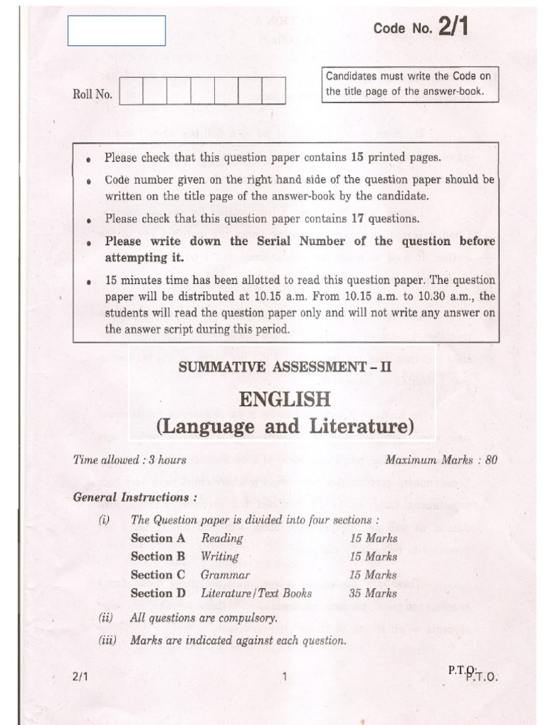CBSE Class 10 English Question Paper 2012 | PDF