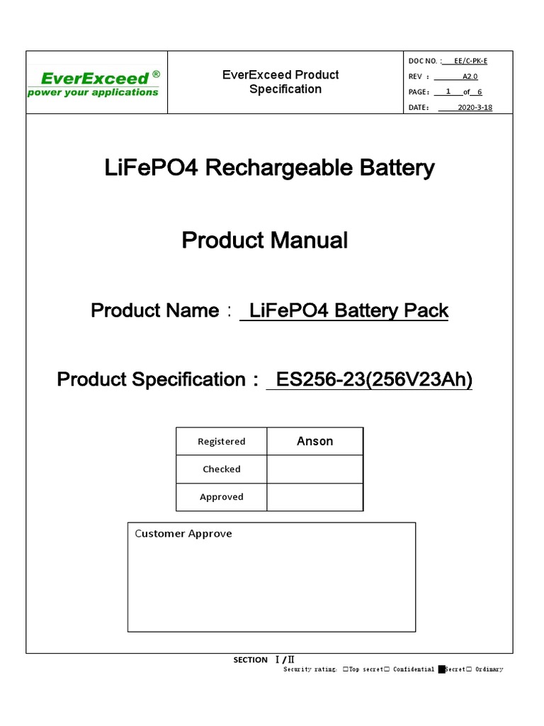 ES256-23 (256V23Ah) LiFePO4 Battery Pack Specification | PDF | Battery ...