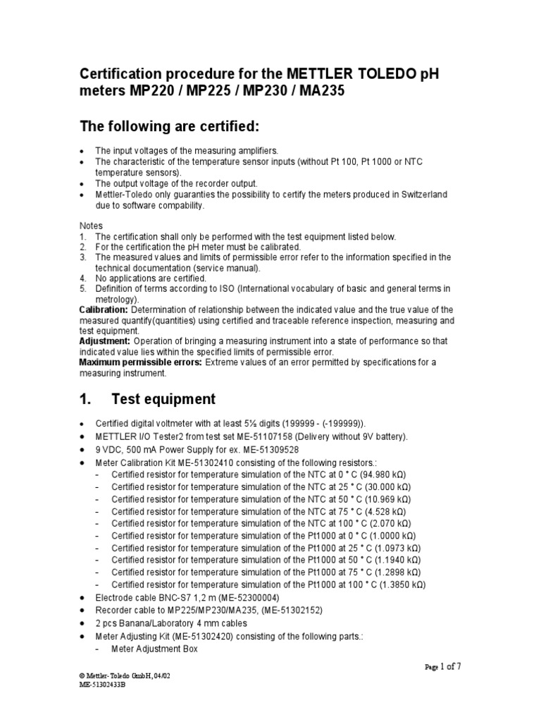Certification for MP220 pH Meters | PDF