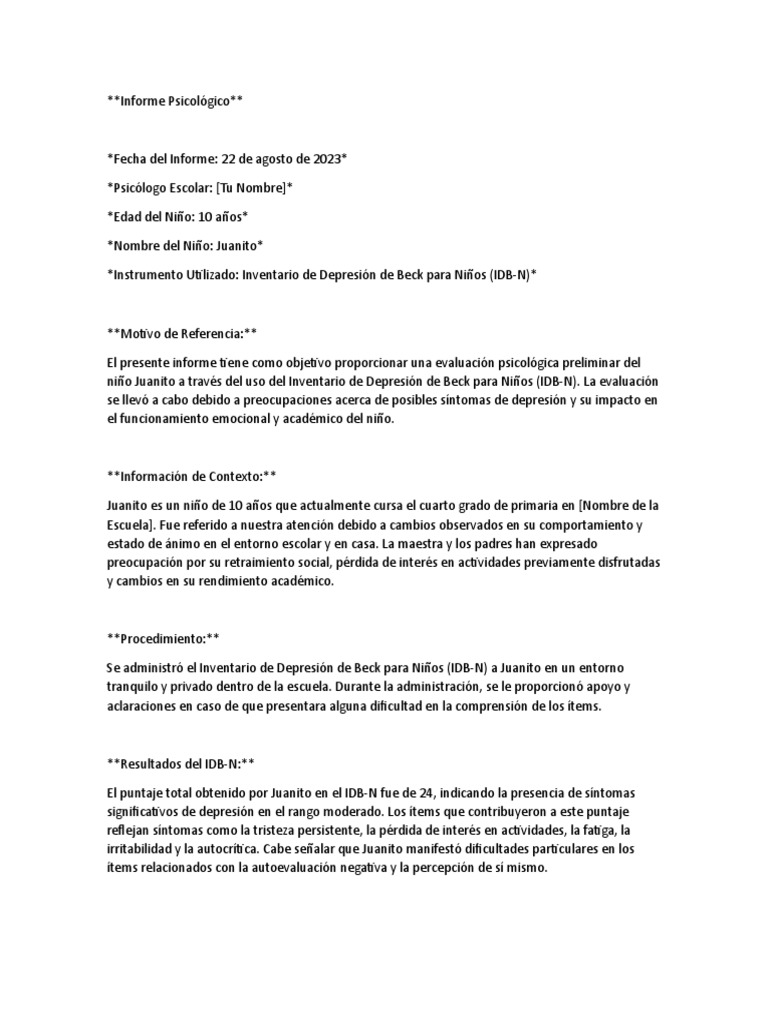 Ejemplo Informe Inventario de Beck | PDF