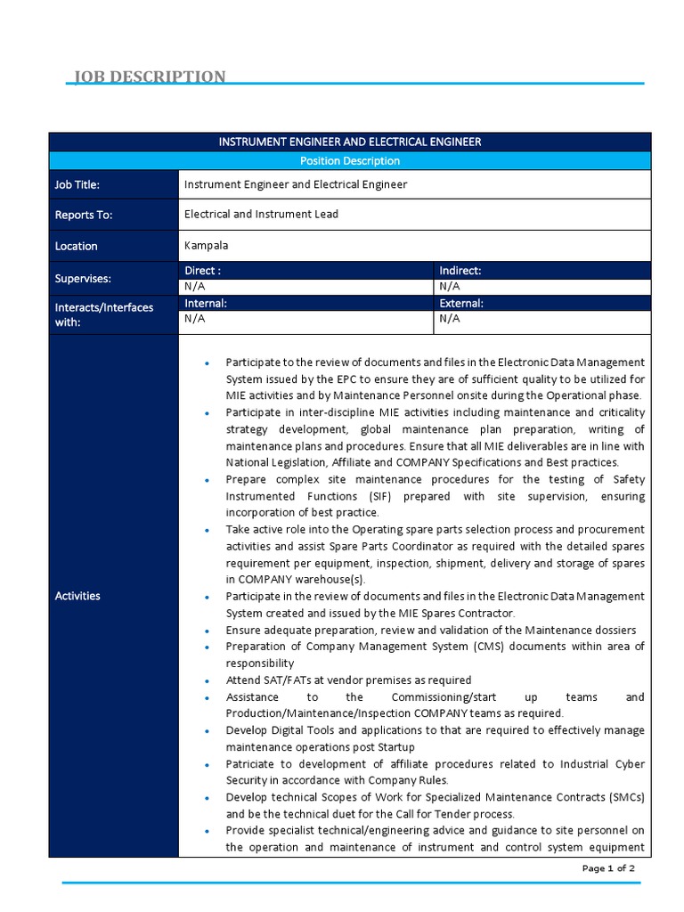 JD Instrument Engineer and Electrical Engineer | PDF