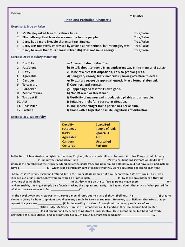 Pride and Prejudice: Chapter 4: Exercise 1: True or False | PDF