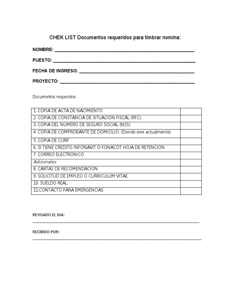 CHEK LIST Documentos Requeridos para Timbrar Nomina | PDF | Finanzas y dinero