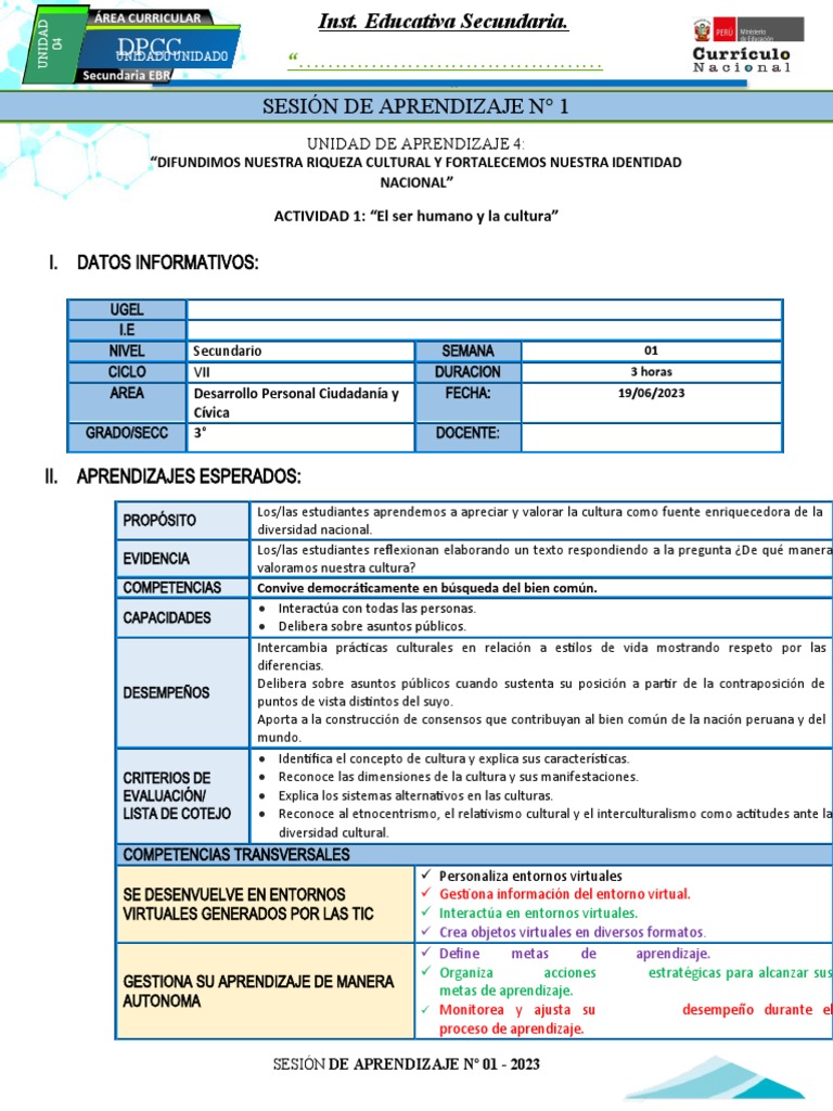 3º DPCC - Ses 1 Uni 4 - Sem 01 | PDF | Aprendizaje | Evaluación