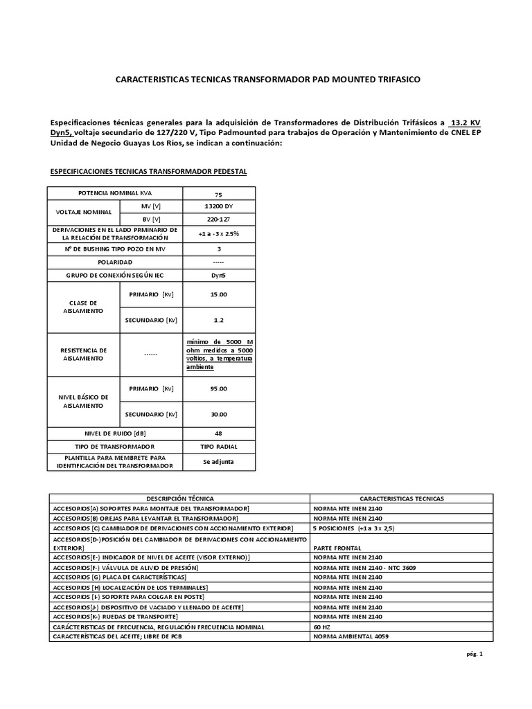 Caracteristicas Tecnicas de Un PADMOUNTED | PDF | Transformador | Aislador (Electricidad)