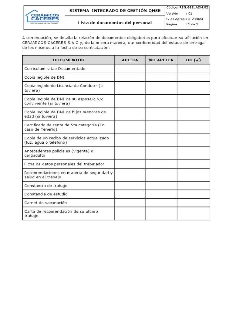 Checklist Documentos de Ingreso | PDF Checklist Documentos de Ingreso | PDF