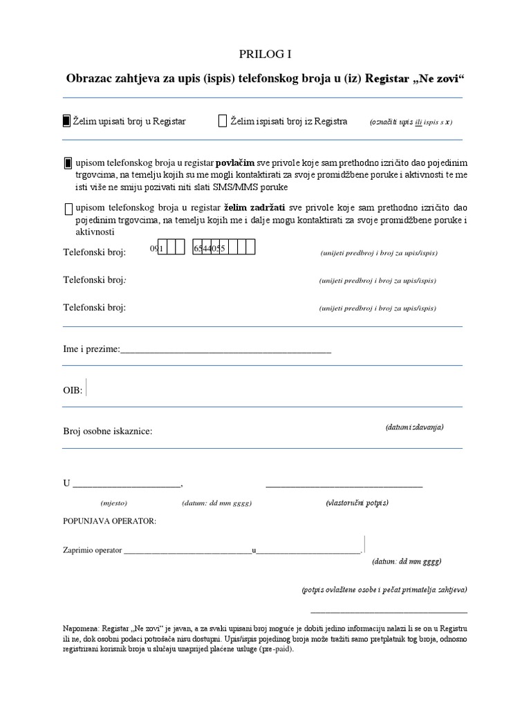 Obrazac Zahtjeva Za Upis (Ispis) Telefonskog Broja U (Iz) Registar Ne ...