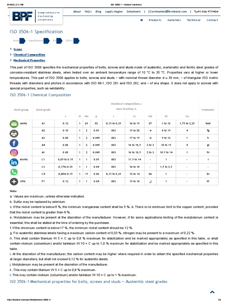 ISO 3506-1 - Stainless Steel Fasteners (A2, A4 Etc) | PDF