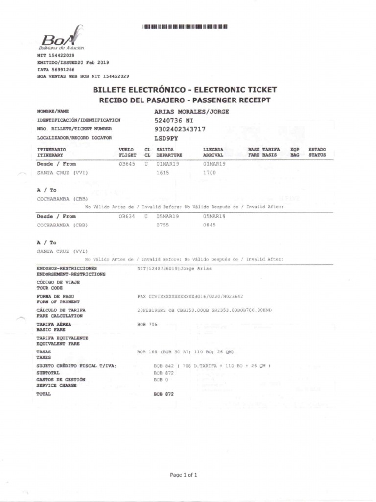 Factura de Pasaje de Avión | PDF