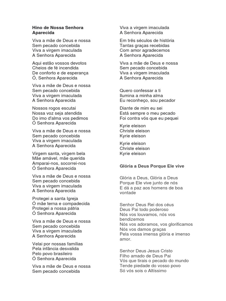 Hino de Nossa Senhora Aparecida | PDF | Eucaristia | Maria, mãe de Jesus