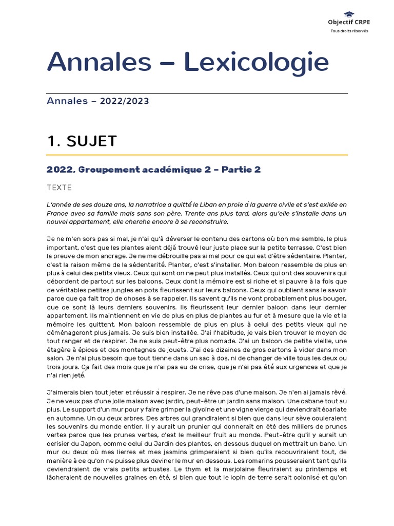 Annales 2022-2023 Groupement 2 Lexicologiepdf | PDF