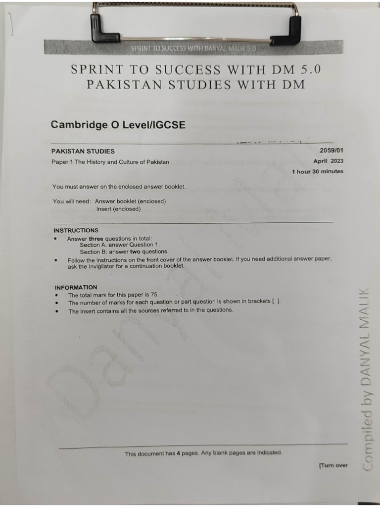 Danyal Malik - History - Guess Paper 2023 | PDF