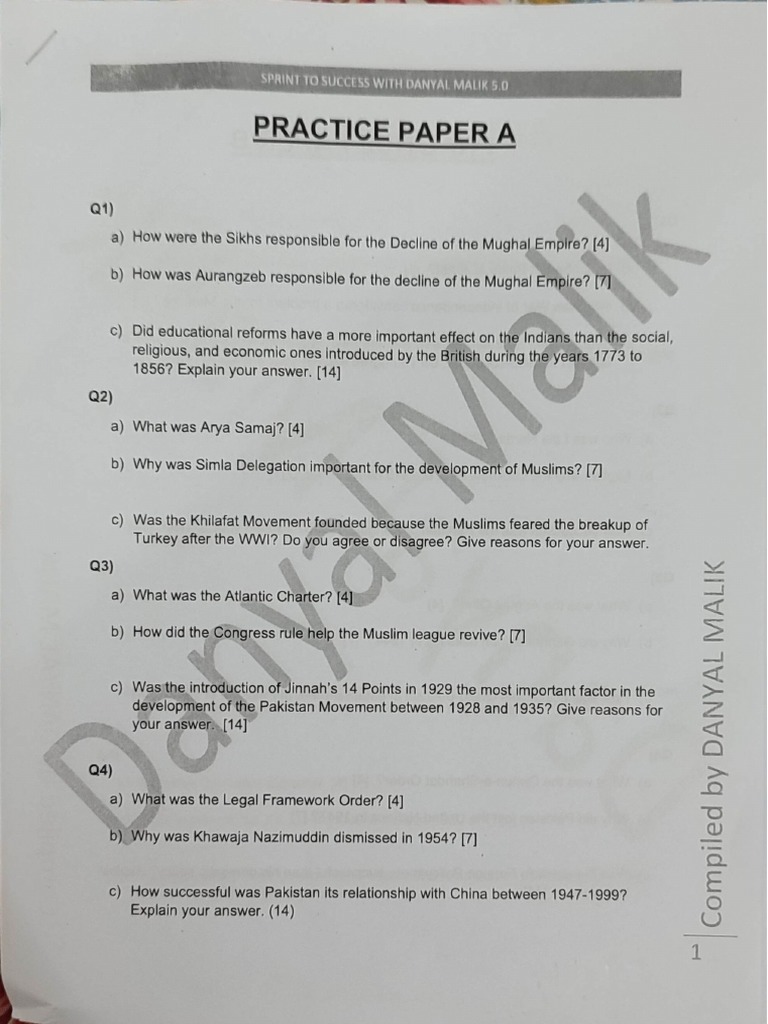Danyal Malik - History - Practice Questions 2023 | PDF