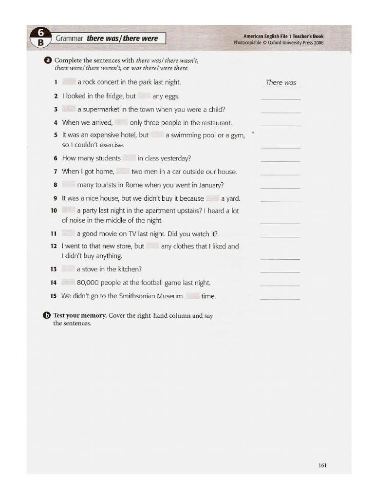AMERICAN ENGLISH FILE 1B - Unit 6 - Grammar Activity 6B - TB Page 161 | PDF