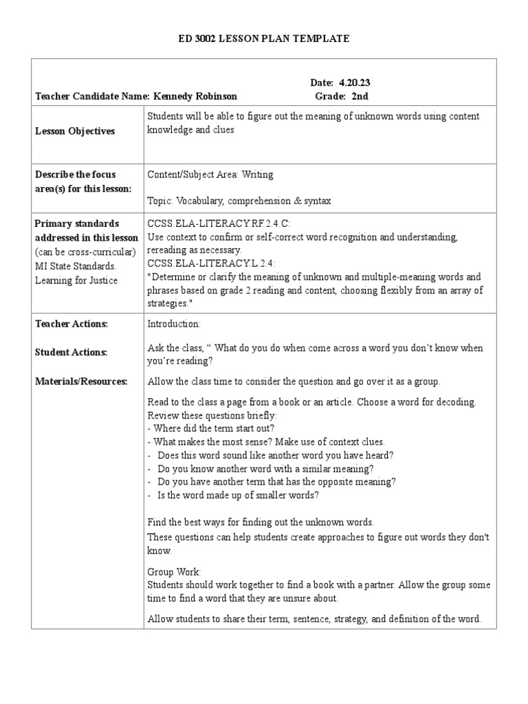 Lesson Plan Template Writing KR | PDF