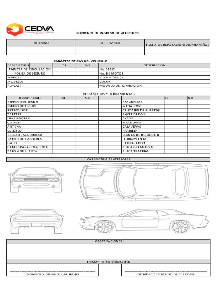 Formato Ingreso Del Vehiculo | PDF