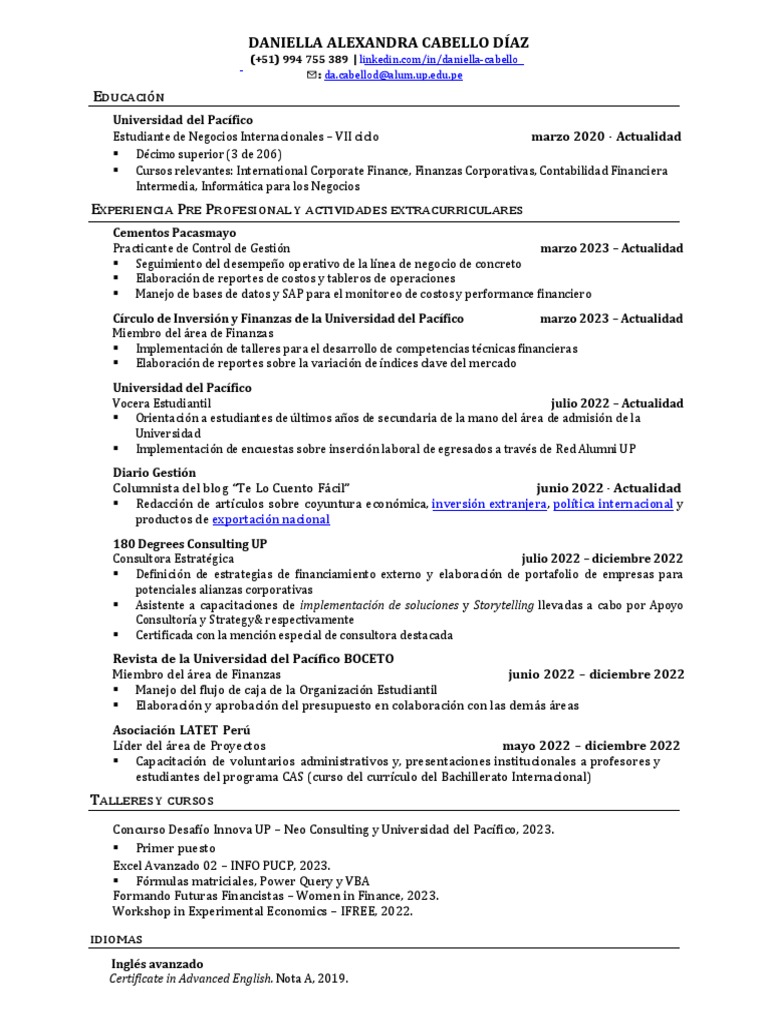 Daniella Cabello CV | PDF | Negocios | Finanzas y dinero