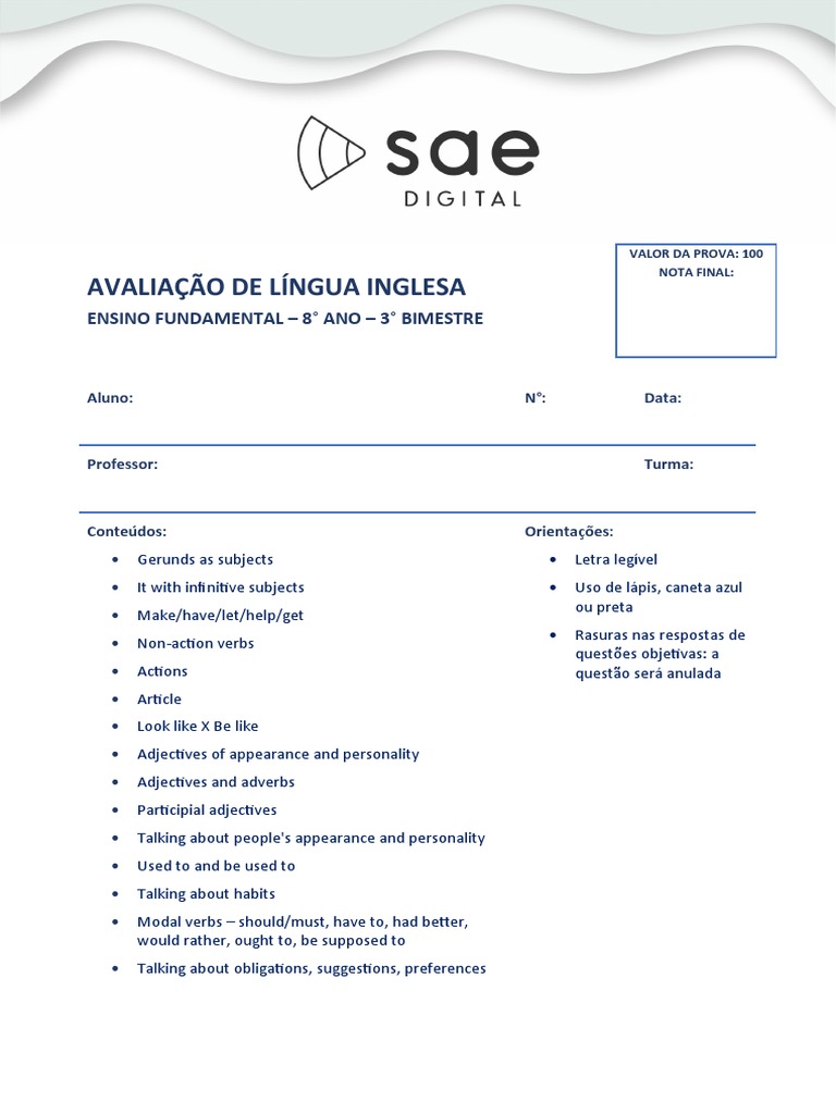 3bi Ef 8ano Ingles Aluno | PDF