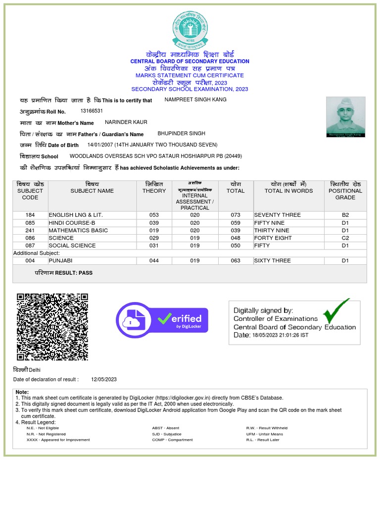 CBSE 2023 Marks Certificate | PDF
