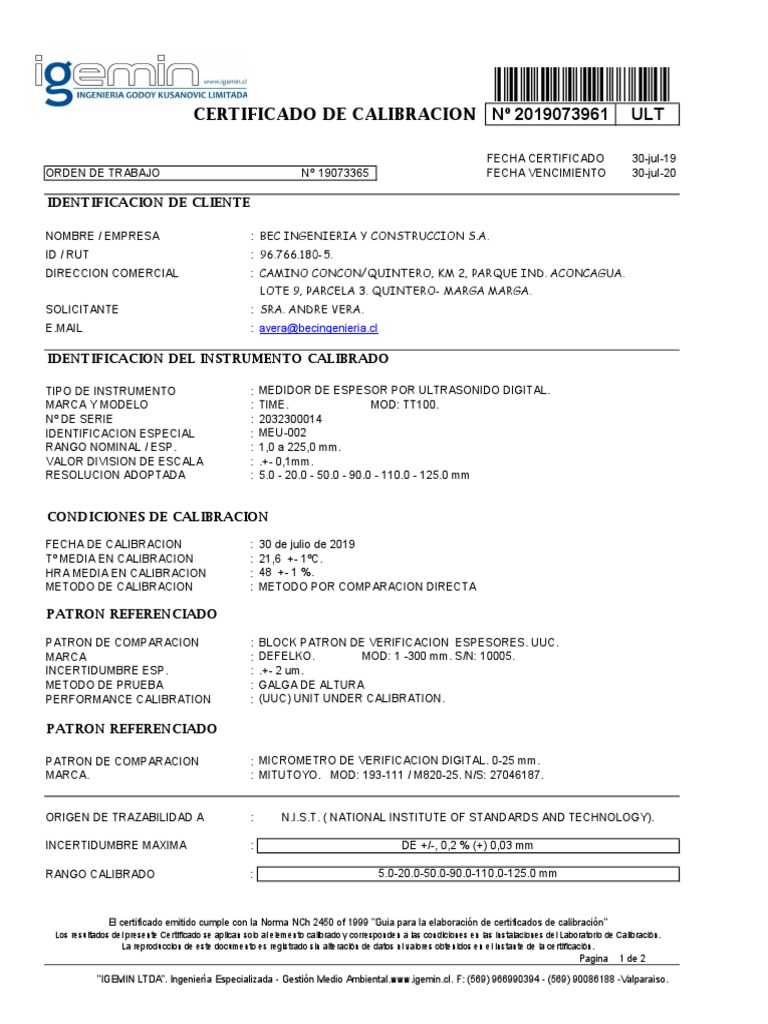 Certificado de Calibración 2019 | PDF