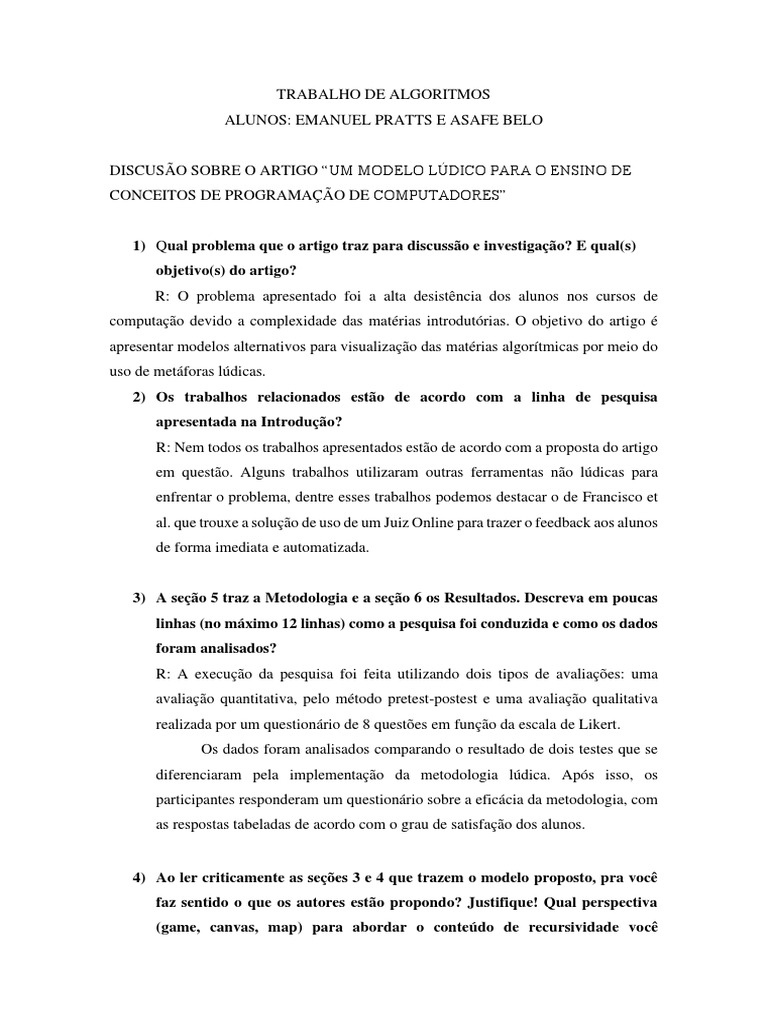 Trabalho de Algoritmos II - Asafe - Belo-Emanuel - Pratts | PDF | Metodologia | Algoritmos