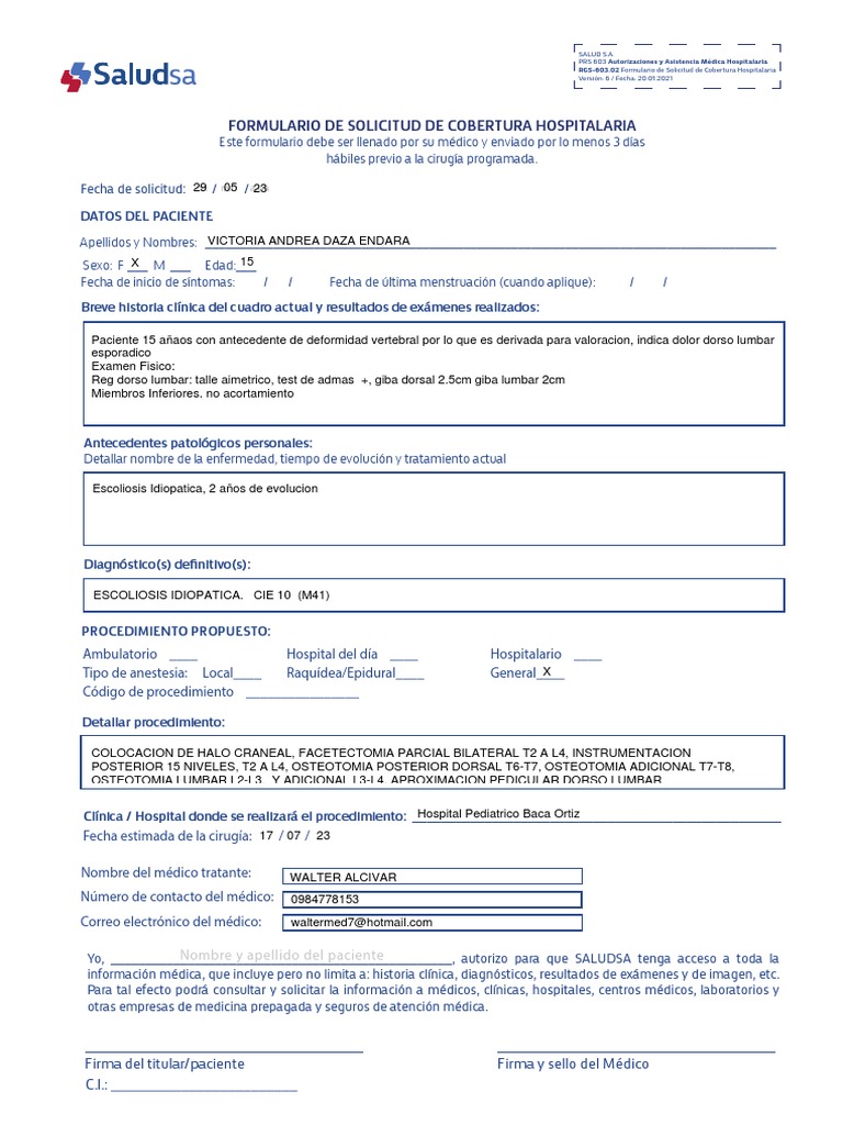 Formulario de Solicitud de Cobertura Hospitalaria Medico | PDF