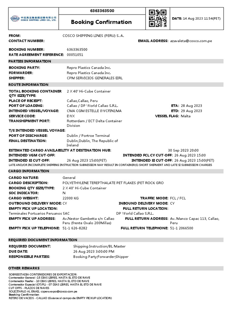 COSCO Shipping Booking Confirmation | PDF