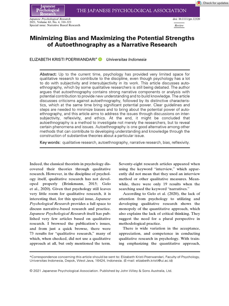 JPN Psychol Res - 2021 - Poerwandari - Minimizing Bias and Maximizing ... JPN Psychol Res - 2021 - Poerwandari - Minimizing Bias and Maximizing ...