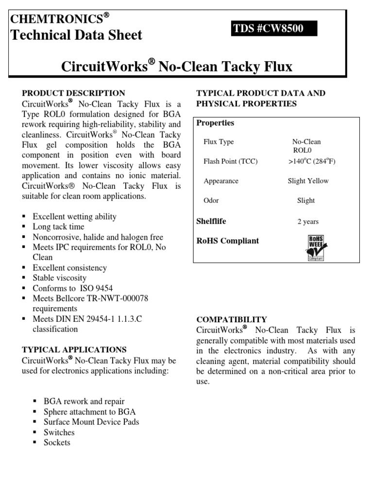 Technical Data Sheet Circuitworks No-Clean Tacky Flux: Chemtronics | PDF | Chlorofluorocarbon ...