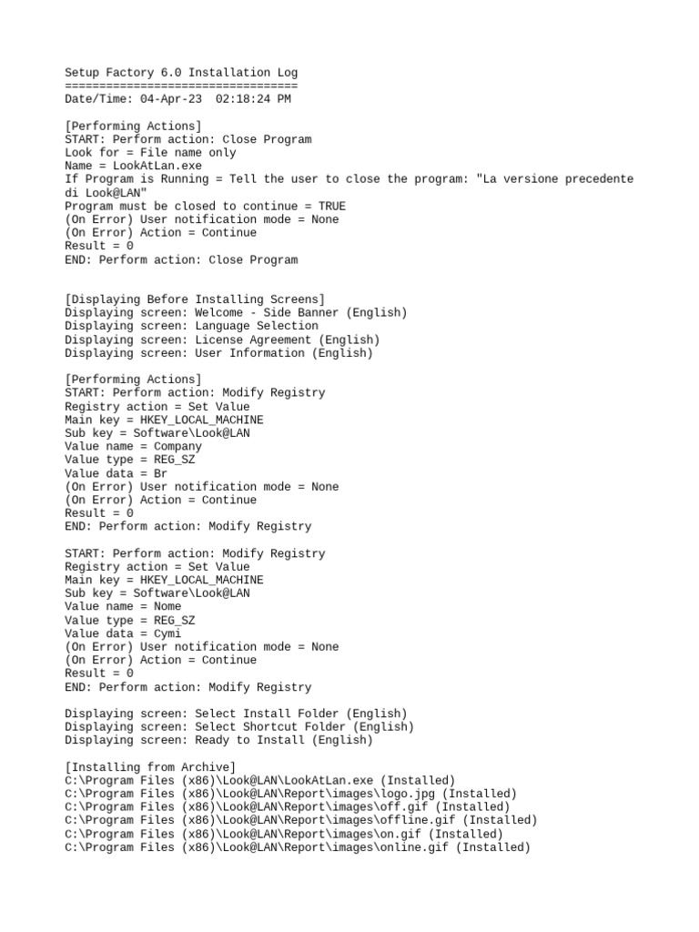 Look@LAN 6.0 Installation Log | PDF | Technology & Engineering