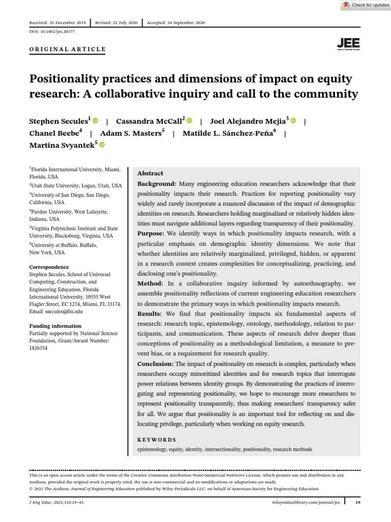 J of Engineering Edu - 2021 - Secules - Positionality practices and ...