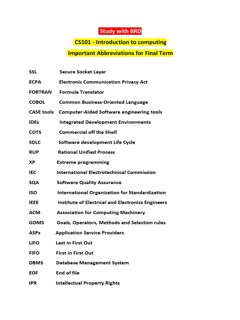 CS101 Abbreviations For Final-Term by Study With BRD | PDF