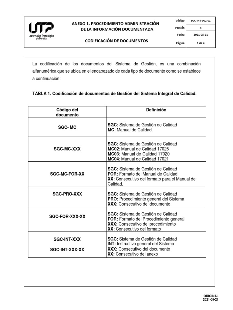 SGC-InT-002-01 V4 - ANEXO 1 Codificacion de Documentos | PDF