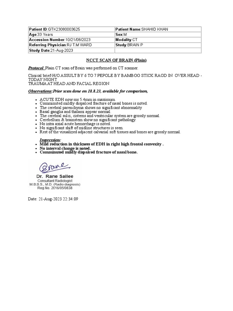 Shahid Khan CT Brain Report | PDF