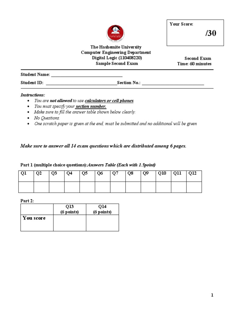 Digital Logic Sample Second Exam Pdf