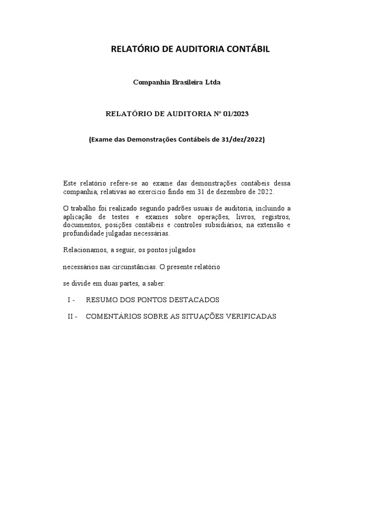 RELATÓRIO DE AUDITORIA CONTÁBIL | PDF | Contabilidade | Relatório anual