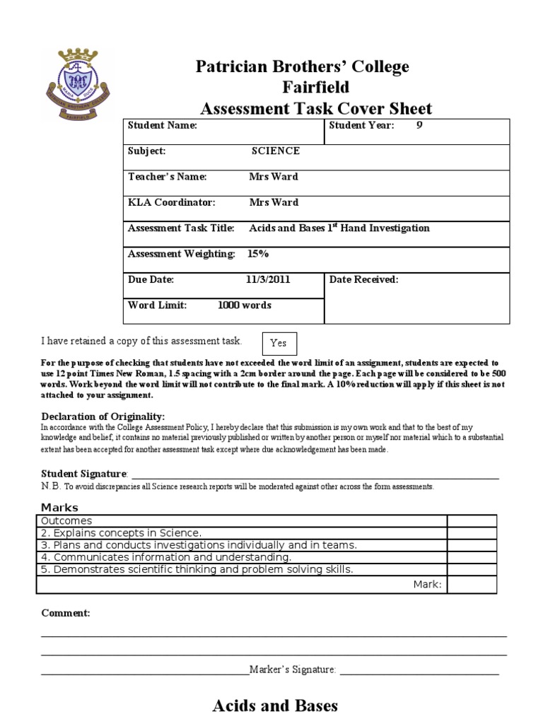 2011 Year 9 Science Acid Base Assessment | PDF | Chemical Substances ...