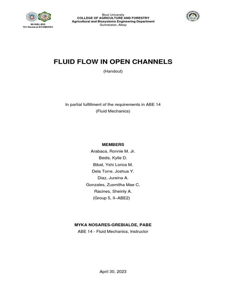 Group 5 - Fluid Flow in Open Channels | PDF | Physical Quantities ...