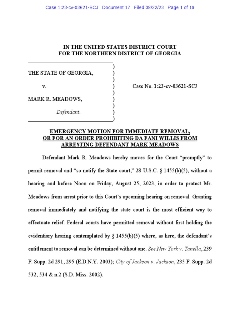 Emergency Motion For Immediate Removal, or For An Order Prohibiting Da ...
