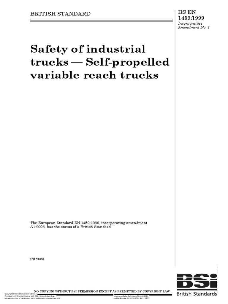 BS EN 1459 FORKLIFT SAFETY INDUSTRIALTRUCKS | PDF | Safety