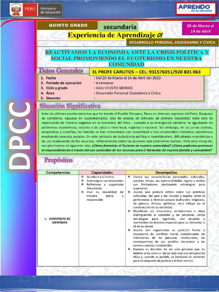 Experiencia de Aprendizaje 01 - 5to Grado - Desarrollo Personal Ciudadania y Civica - 2023 ...