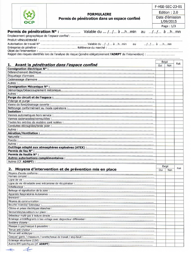 F Hse Sec 23 01 Formulaire Permis De Pénétration Dans Un Espace Confiné Pdf