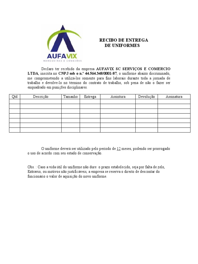 Formato De Recibo De Entrega De Uniformes