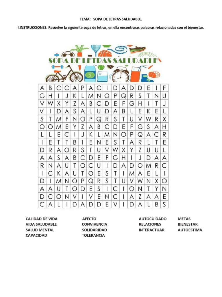 Tutoría. Sopa de Letras Saludable. Bienestar. | PDF
